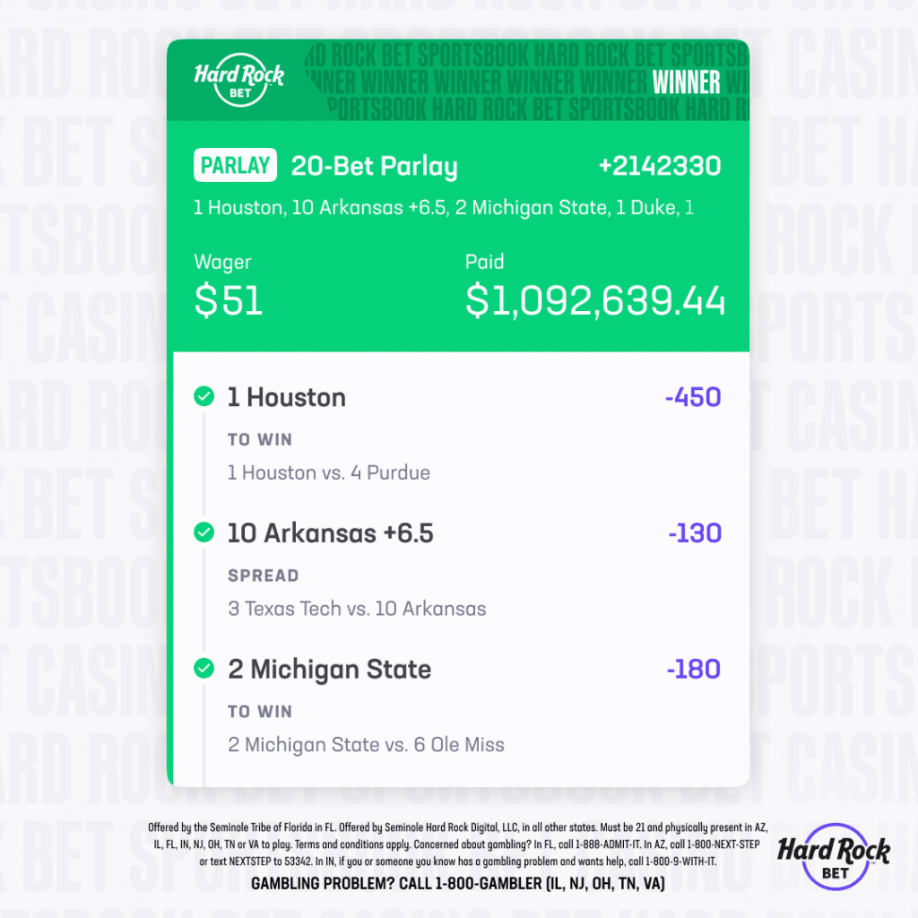 Bettor Hits 20-Bet, $1 Million Parlay on Hard Rock Bet